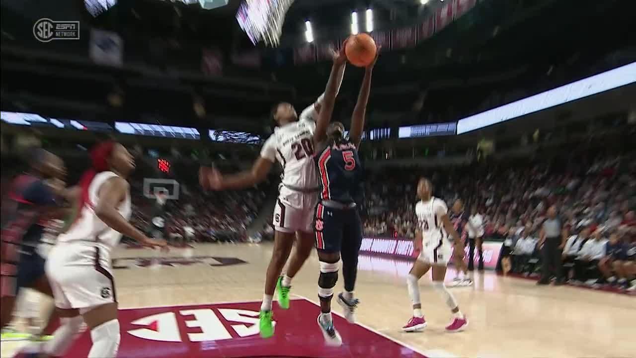 South Carolina's Sania Feagan sends the layup attempt back - ESPN Video