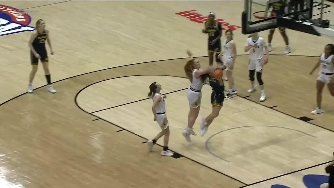 Lilly Hatton with the massive block at the rim - ESPN Video