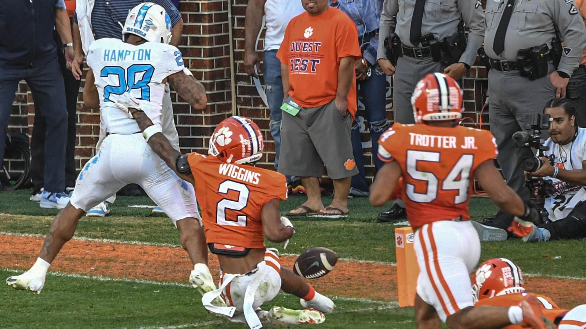 Nate Wiggins forces Omarion Hampton to fumble on goal line after a 64 ...