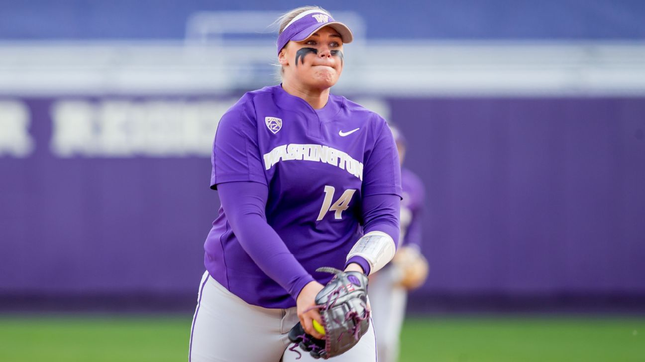 Huskies pitcher Taran Alvelo applauds Gabbie Plain for taking the ace ...