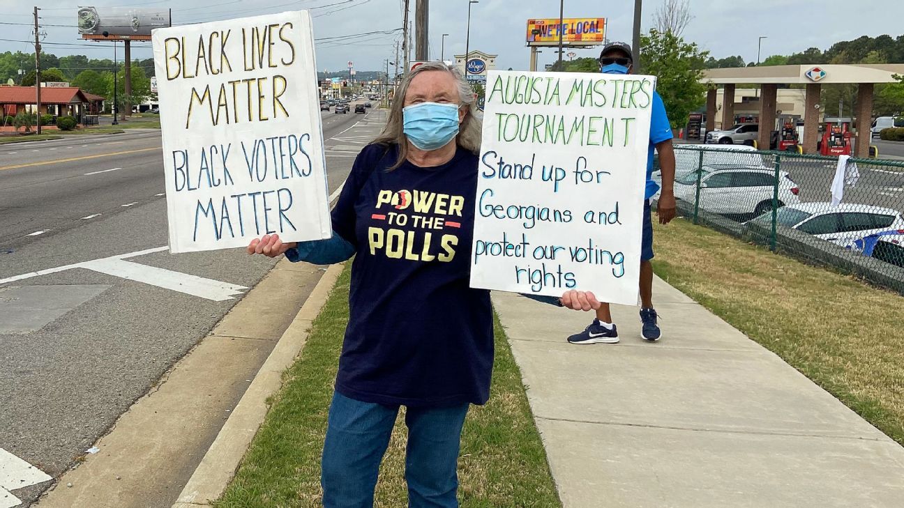 Protest near Masters pushes back against Georgia voting law; Gov. Brian ...